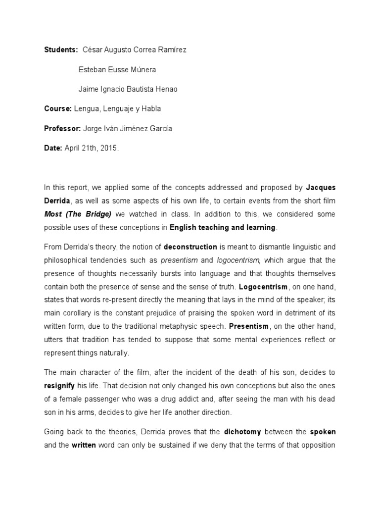 Written Report #3 - Language, Langue and Parole | Jacques Derrida | Word