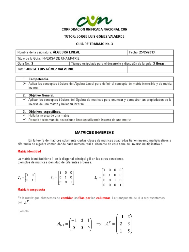 Guia 3 Álgebra Lineal Inversa de Una Matriz | PDF | Matriz (Matemáticas ...