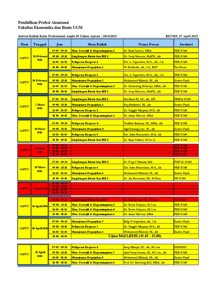 Jadwal Perkuliahan Kelas Profesional Angkt 30 Revisi 27 April Ppak Feb Ugm 587 PDF | PDF