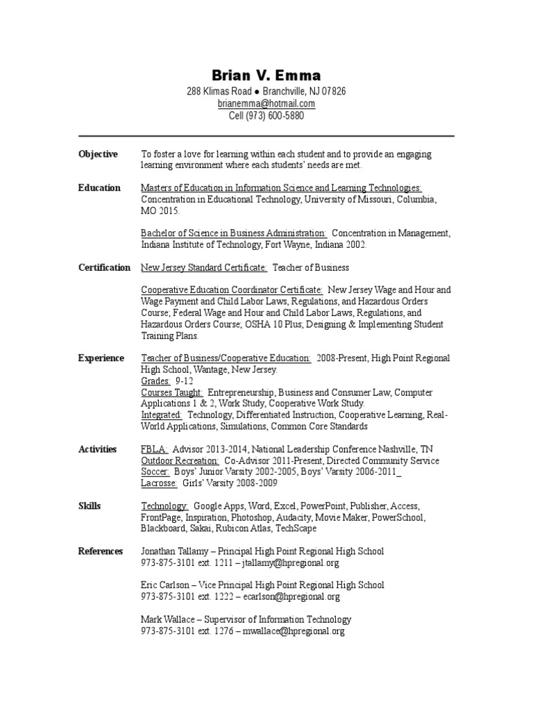Brian V. Emma: Business Education Teacher Resume | PDF
