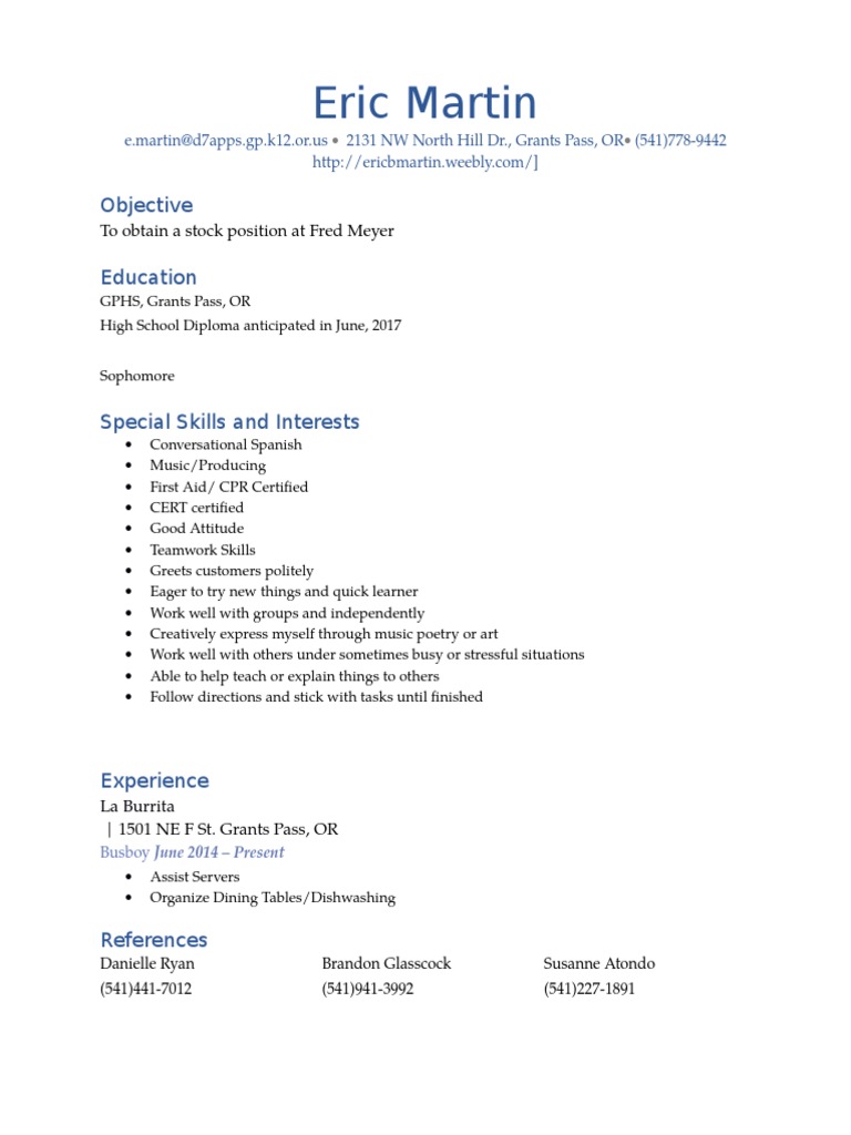 Eric Martin's Resume for Fred Meyer Position | PDF