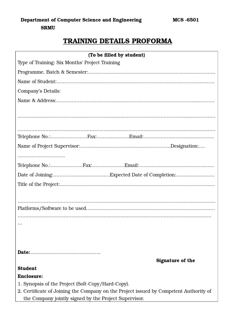 Training Details Proforma: Department of Computer Science and Engineering MCS - 6501 Srmu | PDF
