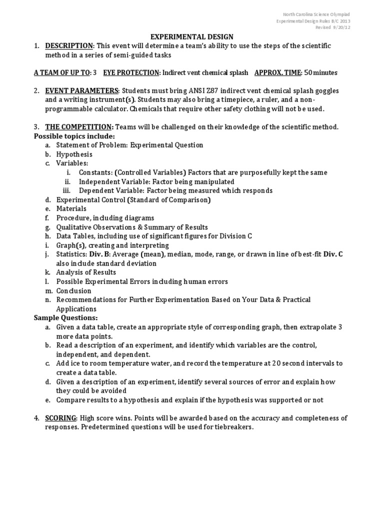 NC Science Olympiad Experimental Design Rules | PDF