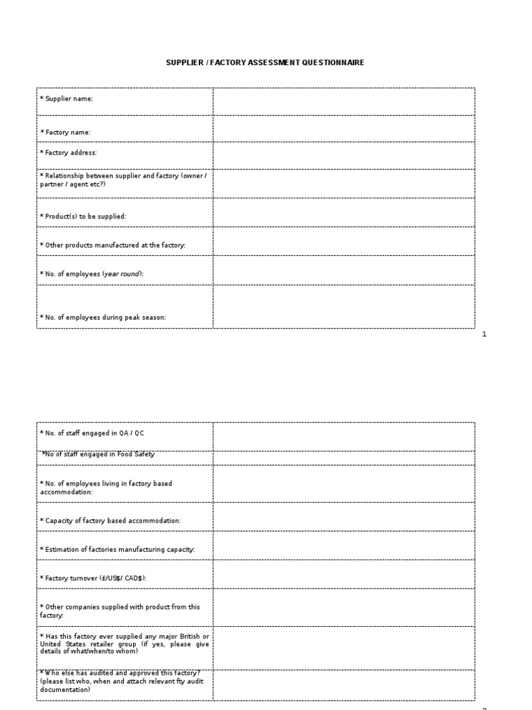 Factory Assessment Questionaire - Blank | Specification (Technical ...
