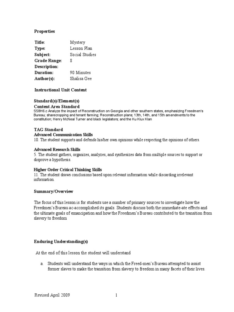 Mystery Lesson Plan Social Studies 8 90 Minutes Shalisa Gee | PDF ...