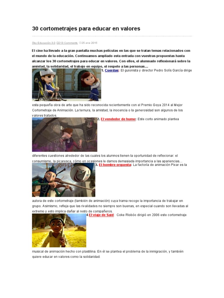 30 Cortometrajes Para Educar En Valores Pdf Egoismo Psicologico Pixar