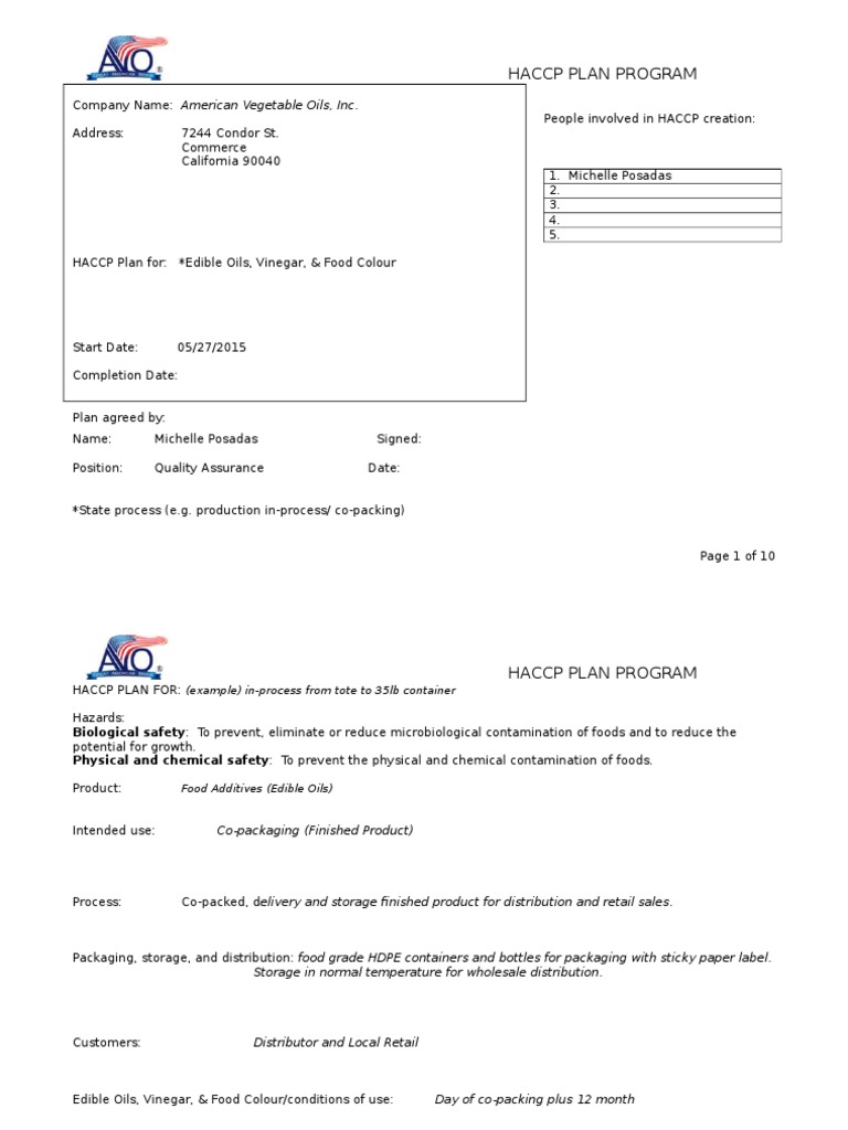 HACCP Plan Template | PDF | Hazard Analysis And Critical Control Points ...
