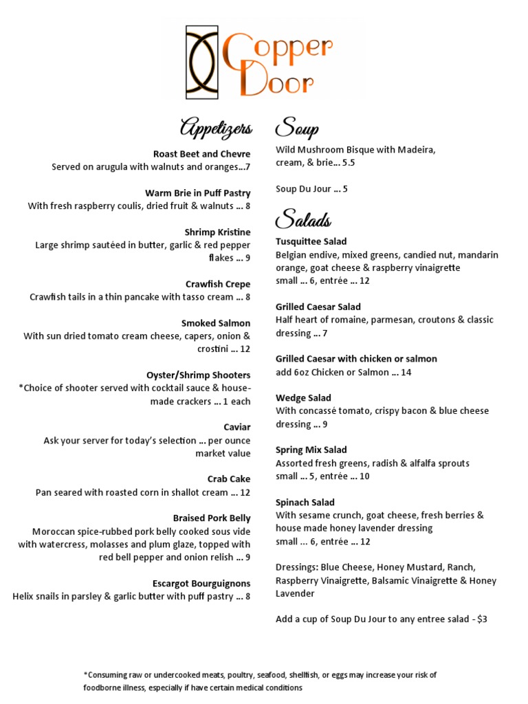 The Copper Door Menu - Hayesville, NC | PDF | Salad | Foods