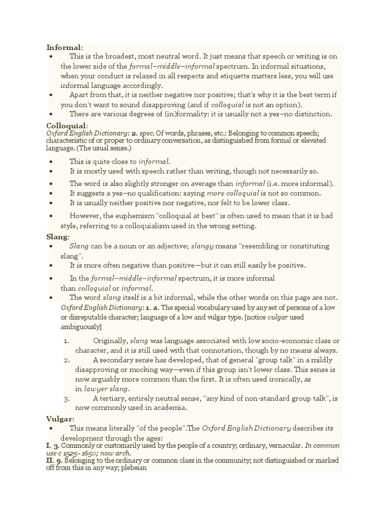 Informal, Colloquial, Slang, Vulgar | PDF | Slang | Adjective