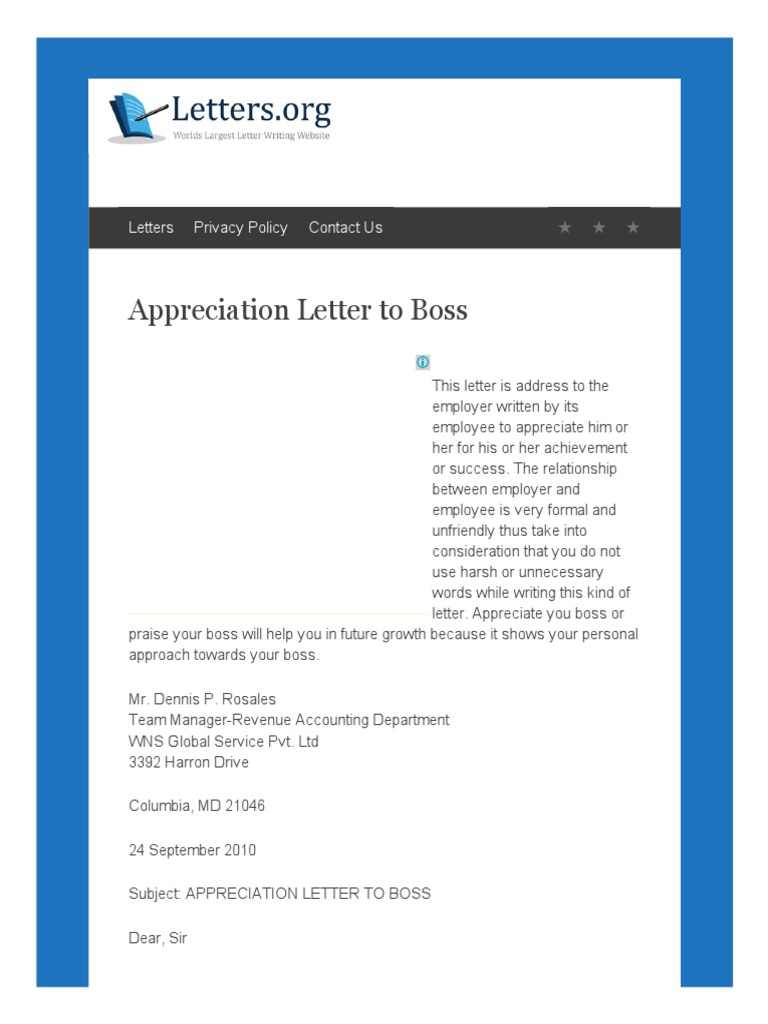 Appreciation Letter To Boss | PDF | World Wide Web | Internet & Web