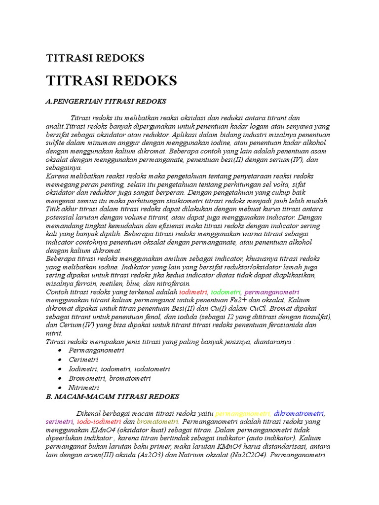 Titrasi Redoks: Prinsip dan Jenisnya | PDF