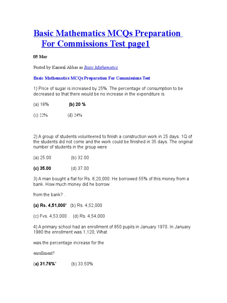 Basic Math MCQs for Commissions Test | PDF | Speed | Percentage