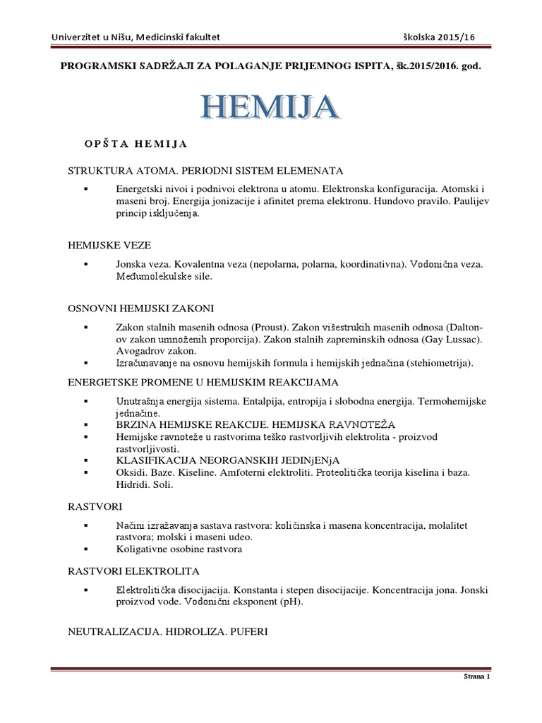 Hemija Prijemni | PDF