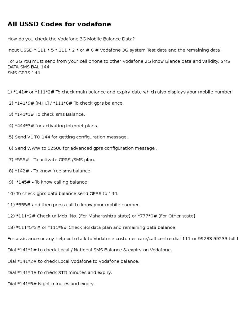 All USSD Codes For Vodafone | PDF | Short Message Service | Subscriber ...