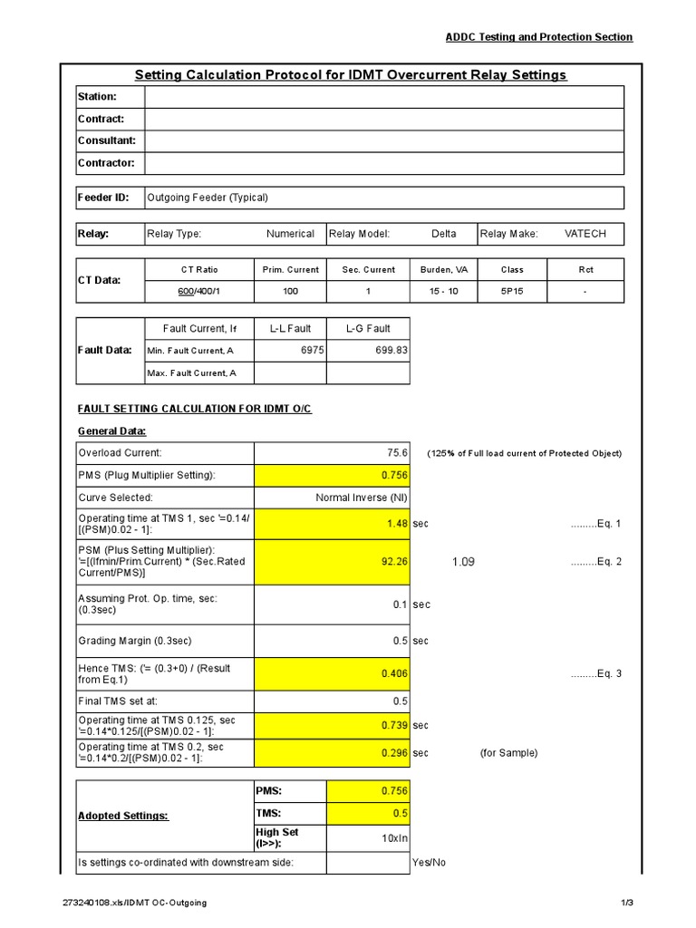 IDMT Relay Setting Protocol | PDF | Electrical Engineering | Teaching ...