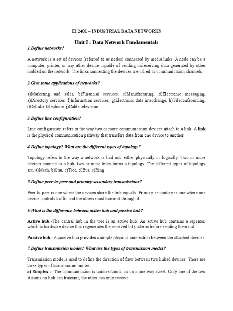EI2401 - Industrial Data Networks - 2marks | PDF | Routing | Network Topology