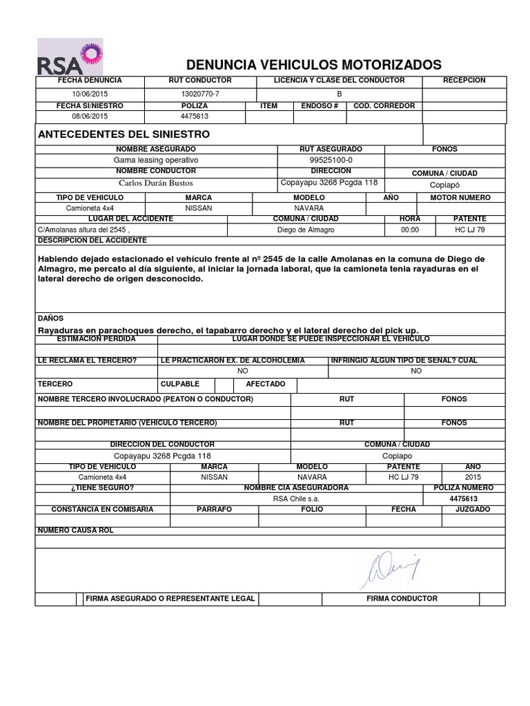 Formulario Ejemplo Declaración Siniestro | PDF