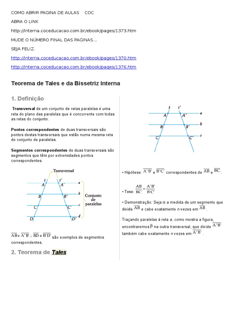 9º Ano Teorema de Tales. Teorema Da Bissetriz Interna | Triângulo ...
