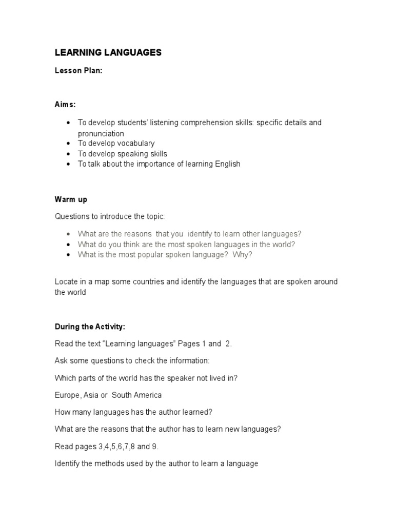Lesson Plan Learning Languages | PDF | Career & Growth | Language Arts ...