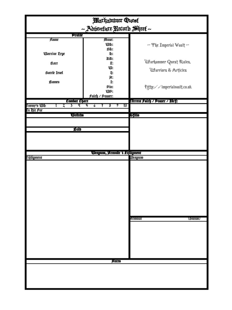 Warhammer Quest Player Sheet | PDF