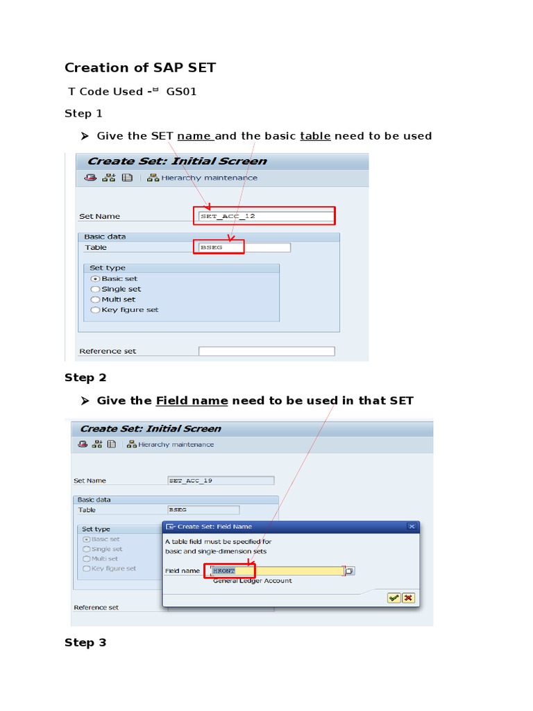 Creation of SAP SET: T Code Used - GS01 Step 1 Give The SET Name and ...
