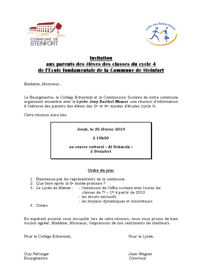 Invitation Aux Parents Des Élèves Des Classes | PDF