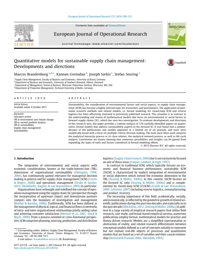 European Journal of Operational Research: Marcus Brandenburg, Kannan ...