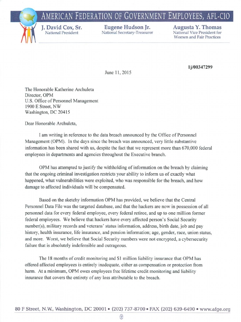 AFGE President Cox Letter To OPM Archuletta - Cyber Breach | PDF