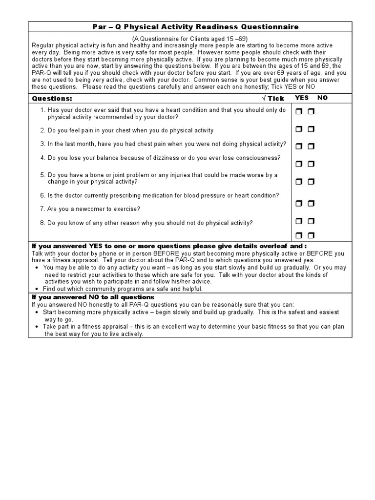 Physical Activity Readiness Questionnaire (PAR-Q) | PDF | Physical ...