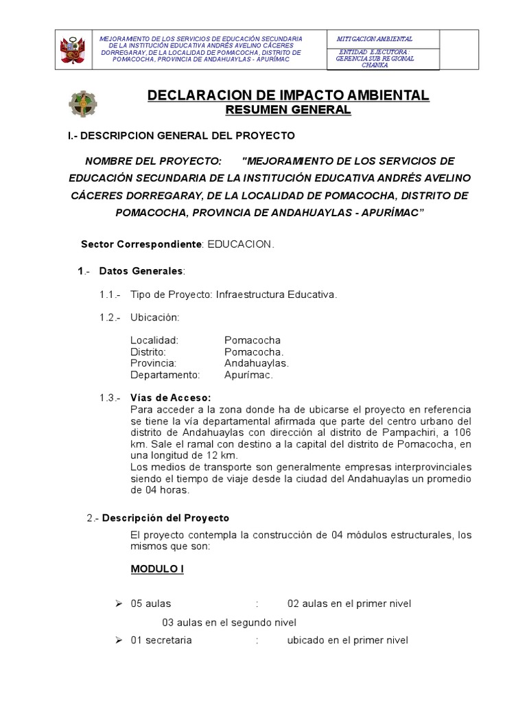 DECLARACION IMPACTO AMBIENTAL.doc | Fundación (Ingeniería ...