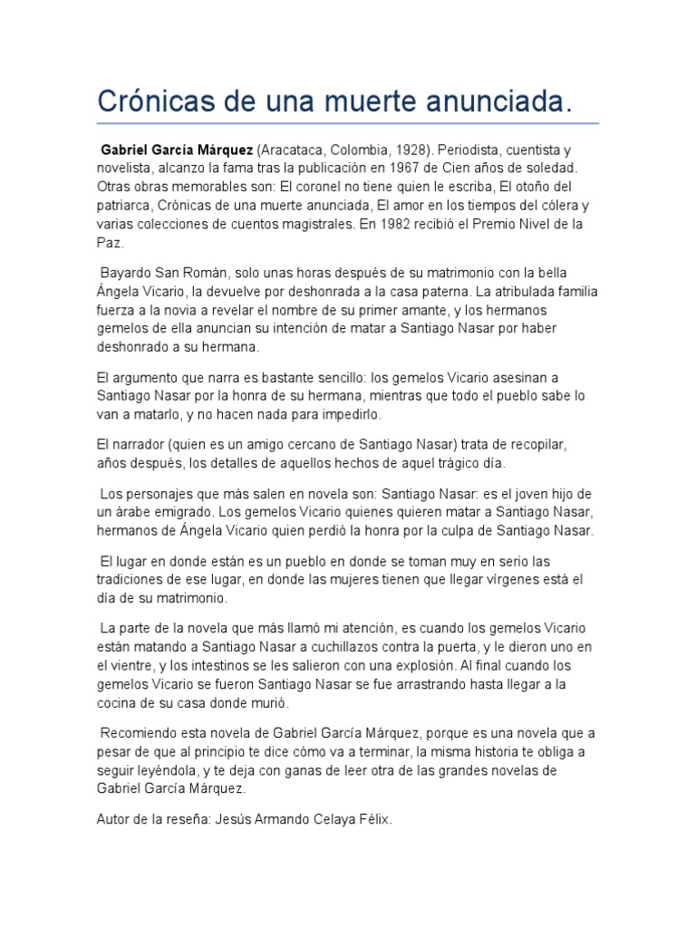 Crónicas de Una Muerte Anunciada Reseña. | PDF