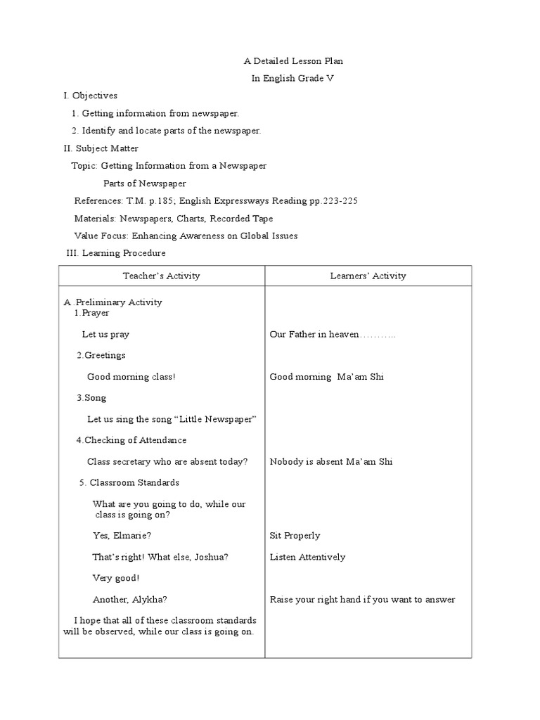 Newspaper Lesson Plan for Grade V | PDF | Lesson Plan | Newspapers