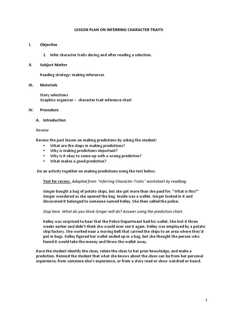 Lesson Plan On Inferring Character Traits | PDF | Inference | Narration