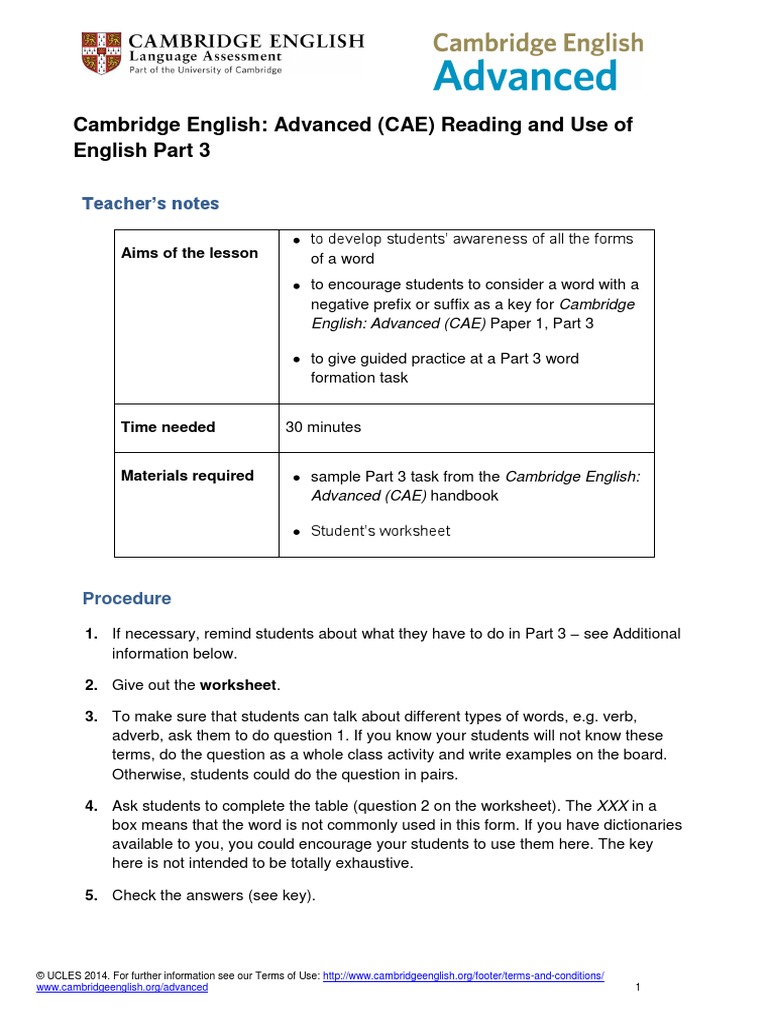 Cambridge English Advanced Cae From 2015 Reading and Use of English ...