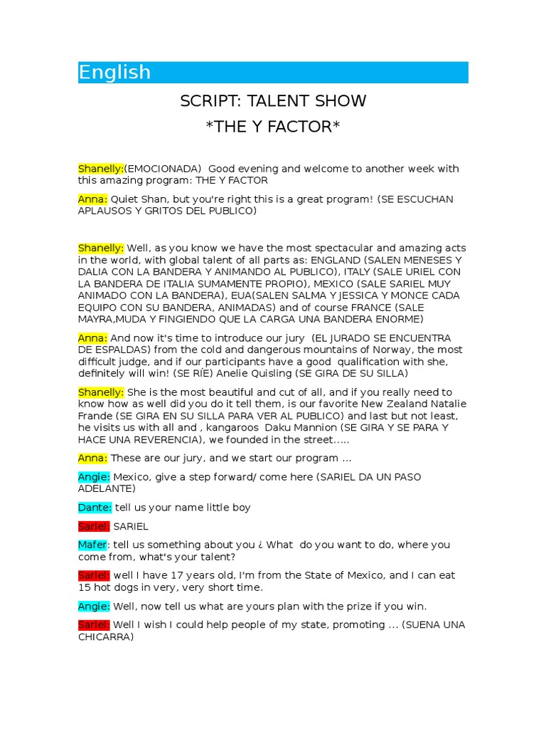 English: Script: Talent Show The Y Factor | PDF | Entertainment (General)
