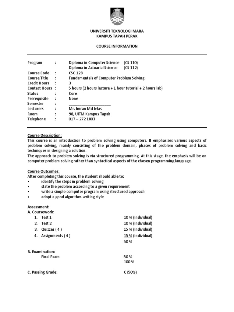 02C - CSC128 - COURSE INFORMATION - Student PDF | PDF | Control Flow | Array Data Type