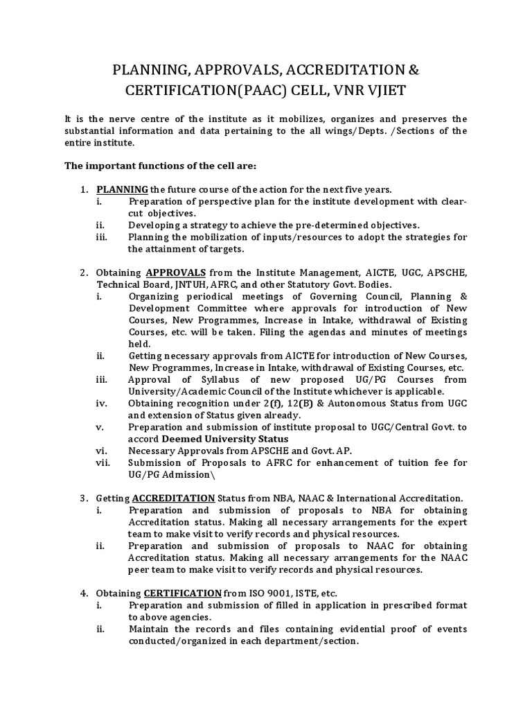 Planning, Approvals, Accreditation & Certification (Paac) Cell, VNR ...