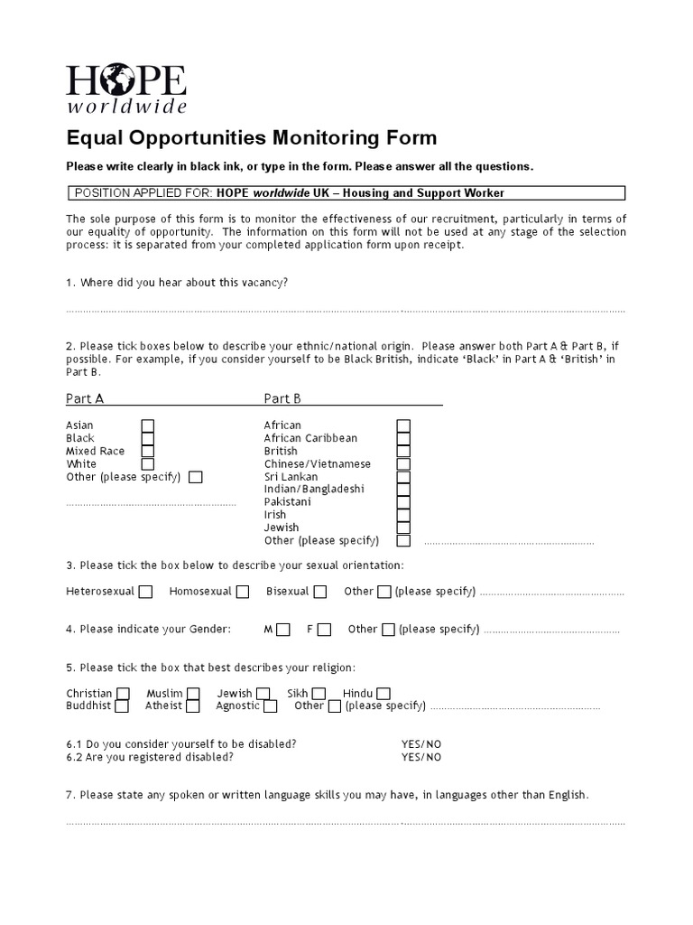 Equal Opportunities Monitoring Form | PDF | Career & Growth | Sports ...