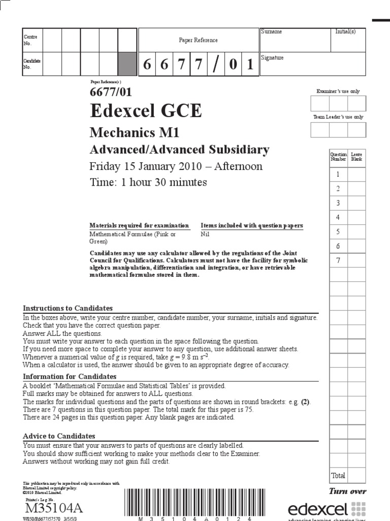 Edexcel GCE January 2010 Mechanics M1 QP | PDF | Tension (Physics) | Acceleration