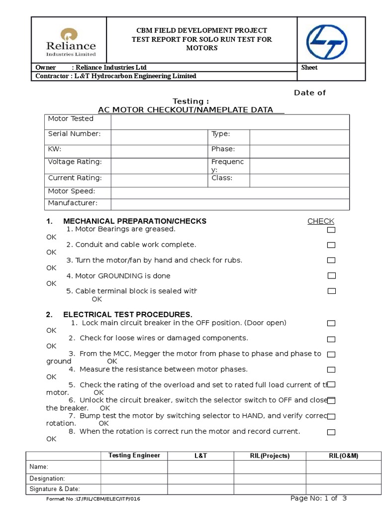 Solo Run Test Results and Performance Analysis of AC Motors for CBM ...