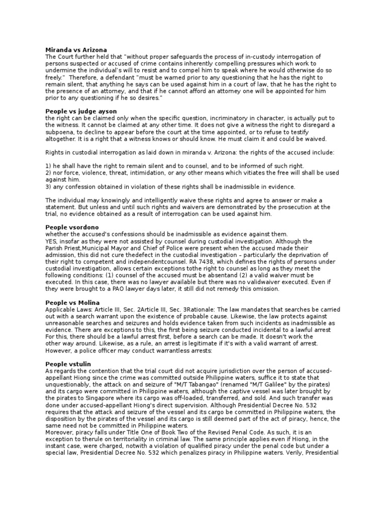 Rights of the Accused in Custodial Interrogation as Established in ...