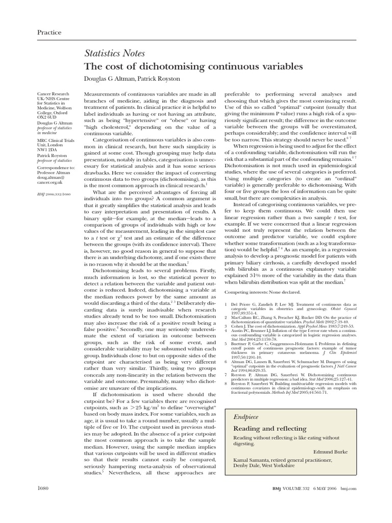 The Cost of Dichotomising Continuous Variables | PDF | Dependent And ...