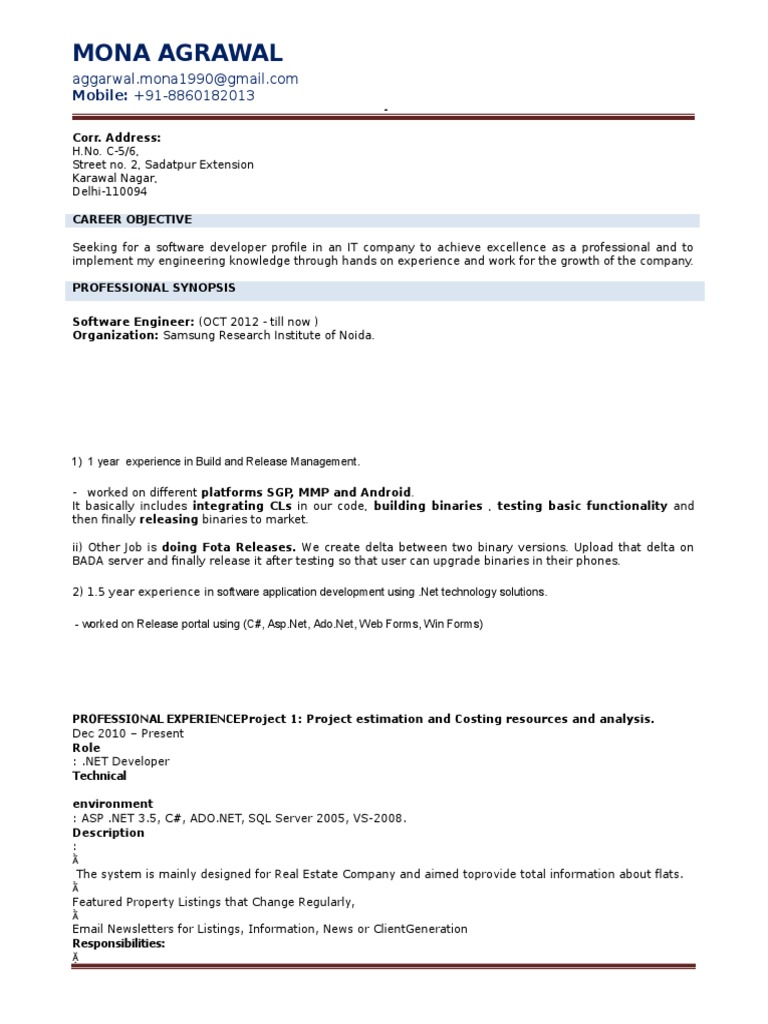 Software Developer Resume - Mona Agrawal | PDF | Microsoft Sql Server ...