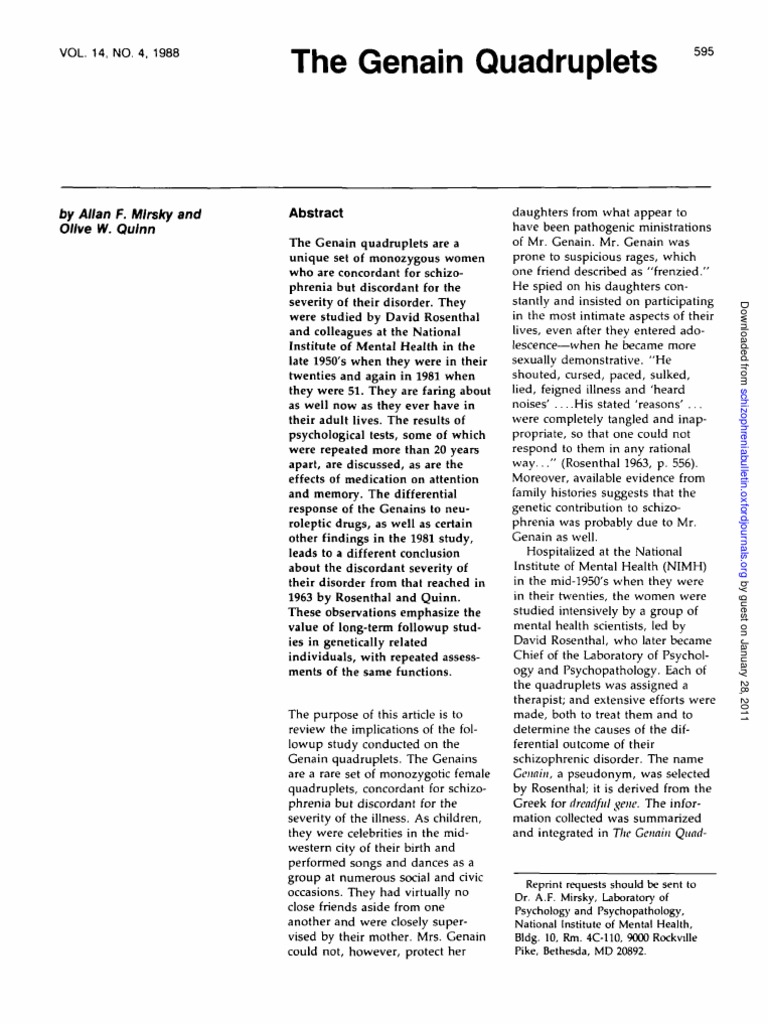 Genain Quadruplets: Schizophrenia Study | PDF | Diagnostic And ...