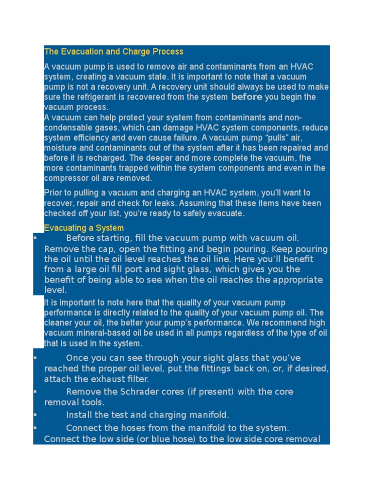 The Evacuation and Charge Process | PDF | Vacuum | Pump
