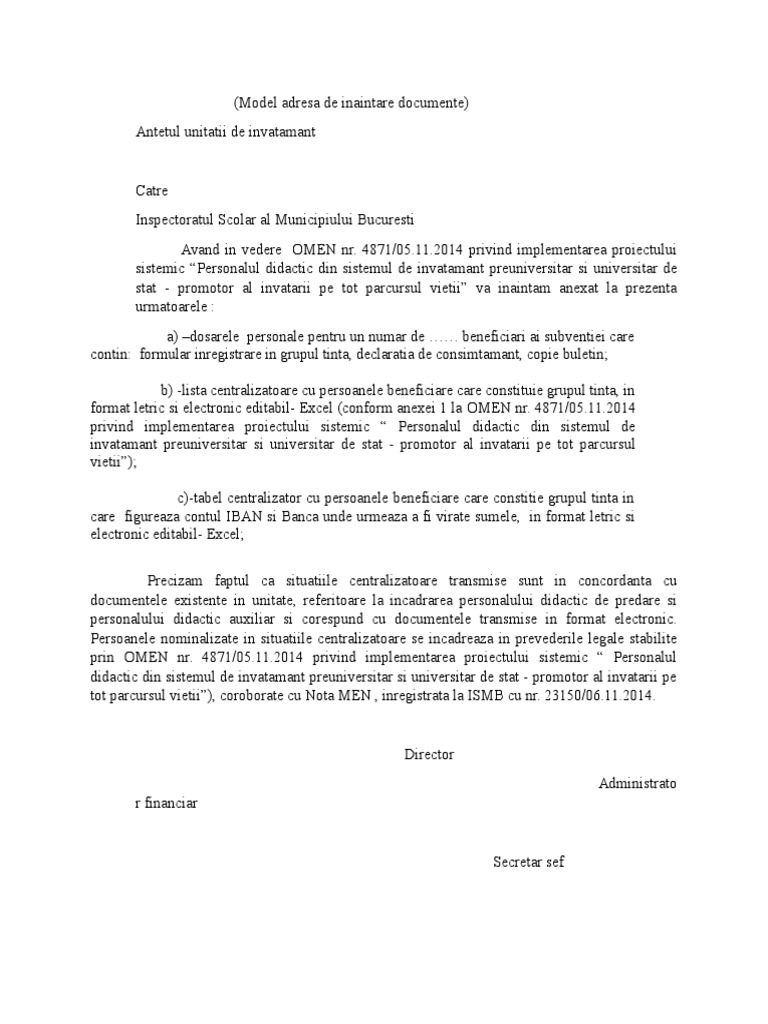 Model Adresa de Inaintare Documente | PDF