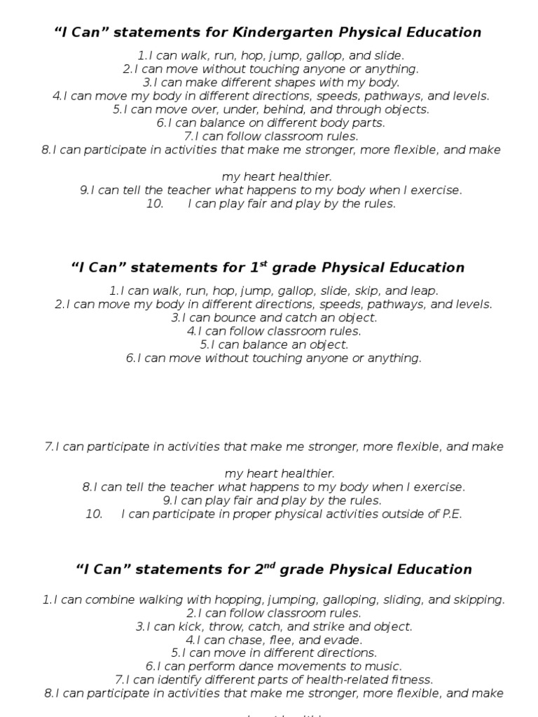 I Can Statements for PE Grades K-5 | PDF | Physical Education ...