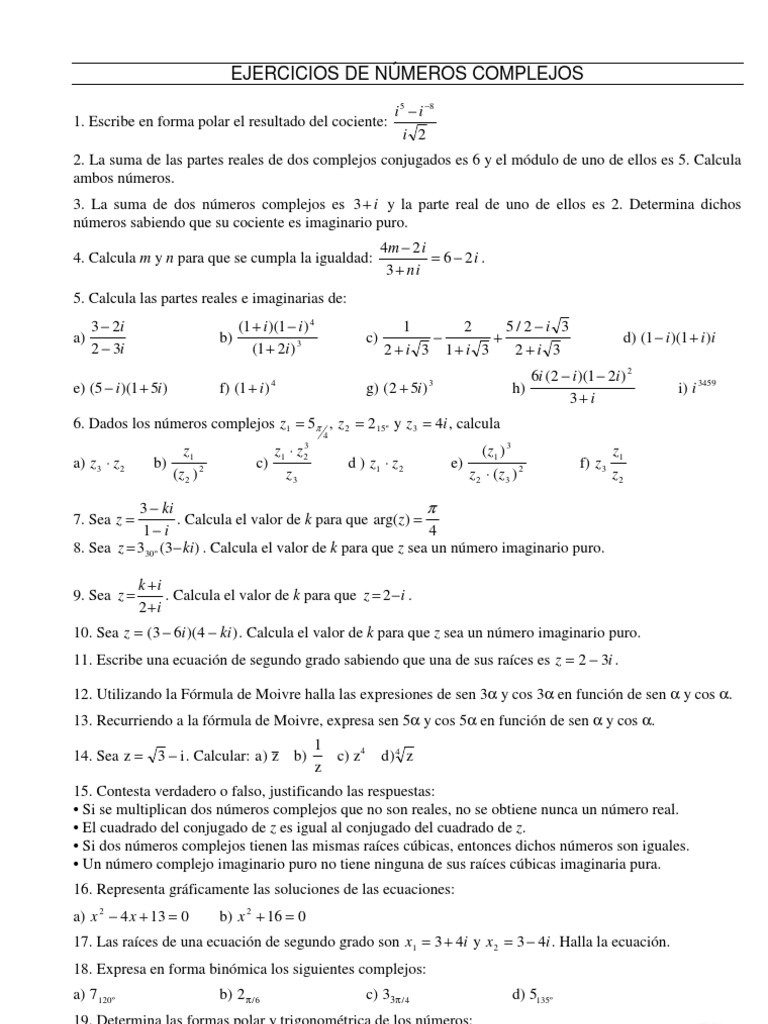 Ejercicios de Números Complejos | PDF | Número complejo | Ecuación ...