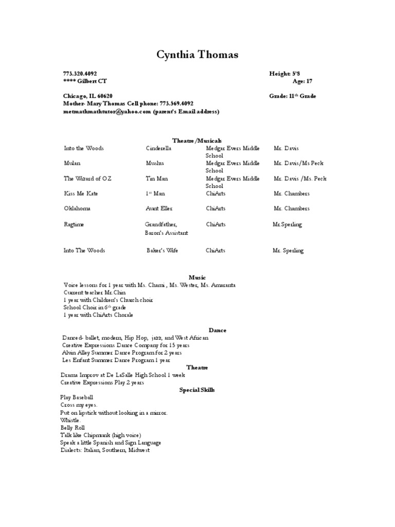 Cynthia Thomas: Theatre, Music & Dance Resume | PDF