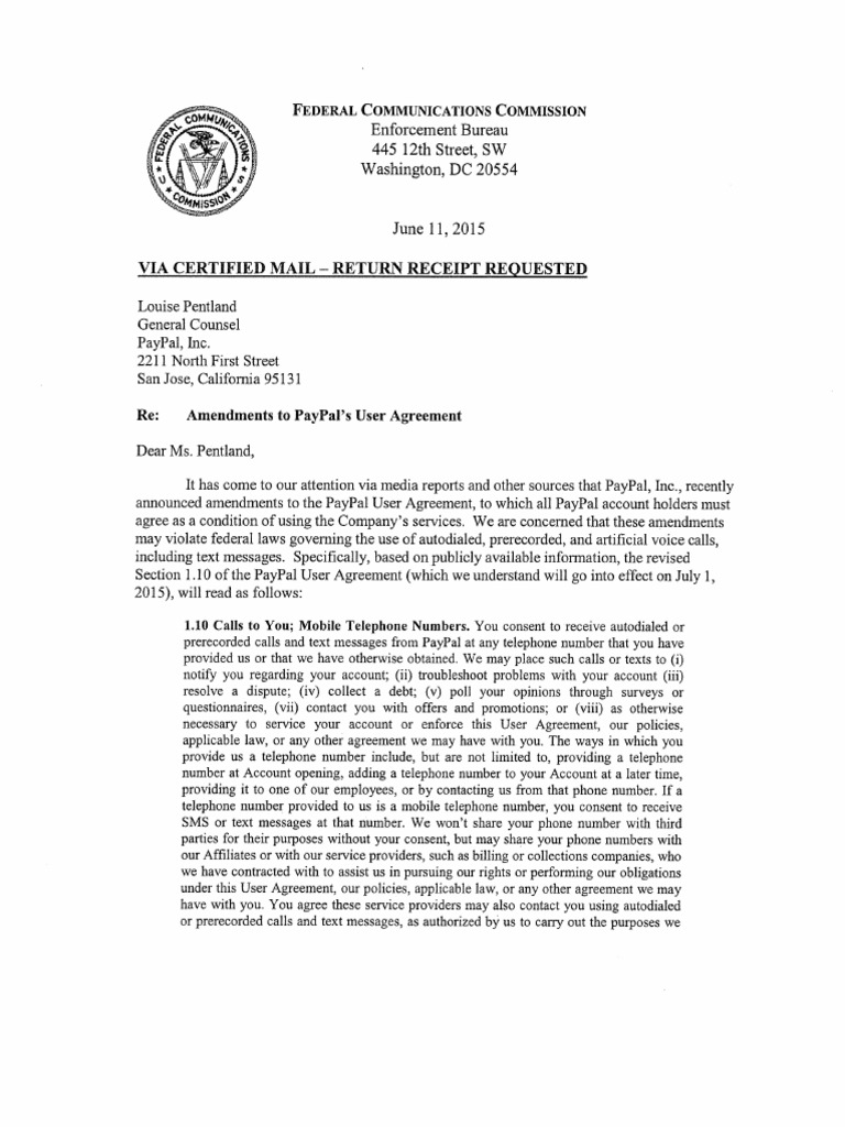FCC Letter To PayPal | PDF | Pay Pal | Telephone Call